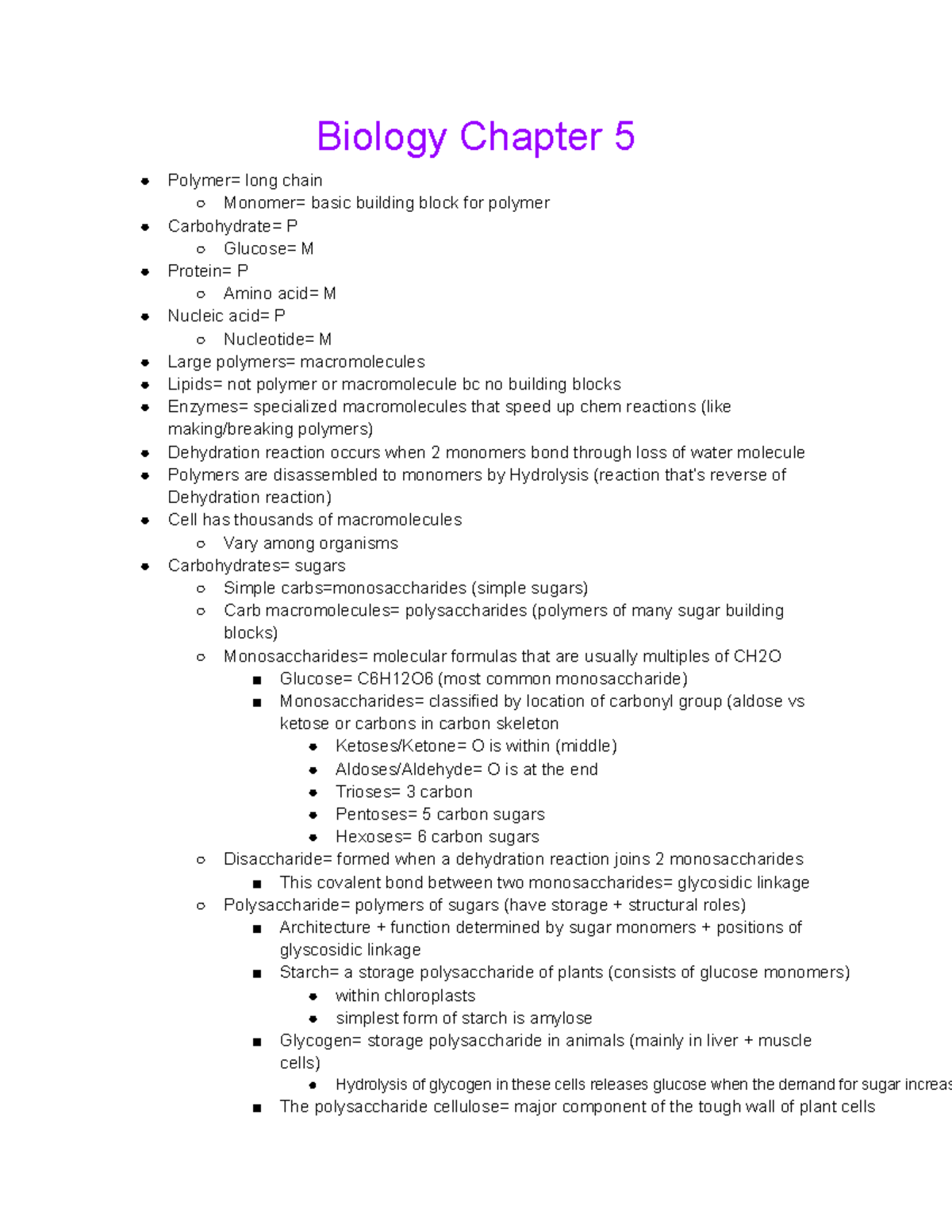 Biology Chapter 5 - gibson - Biology Chapter 5 Polymer= long chain ...