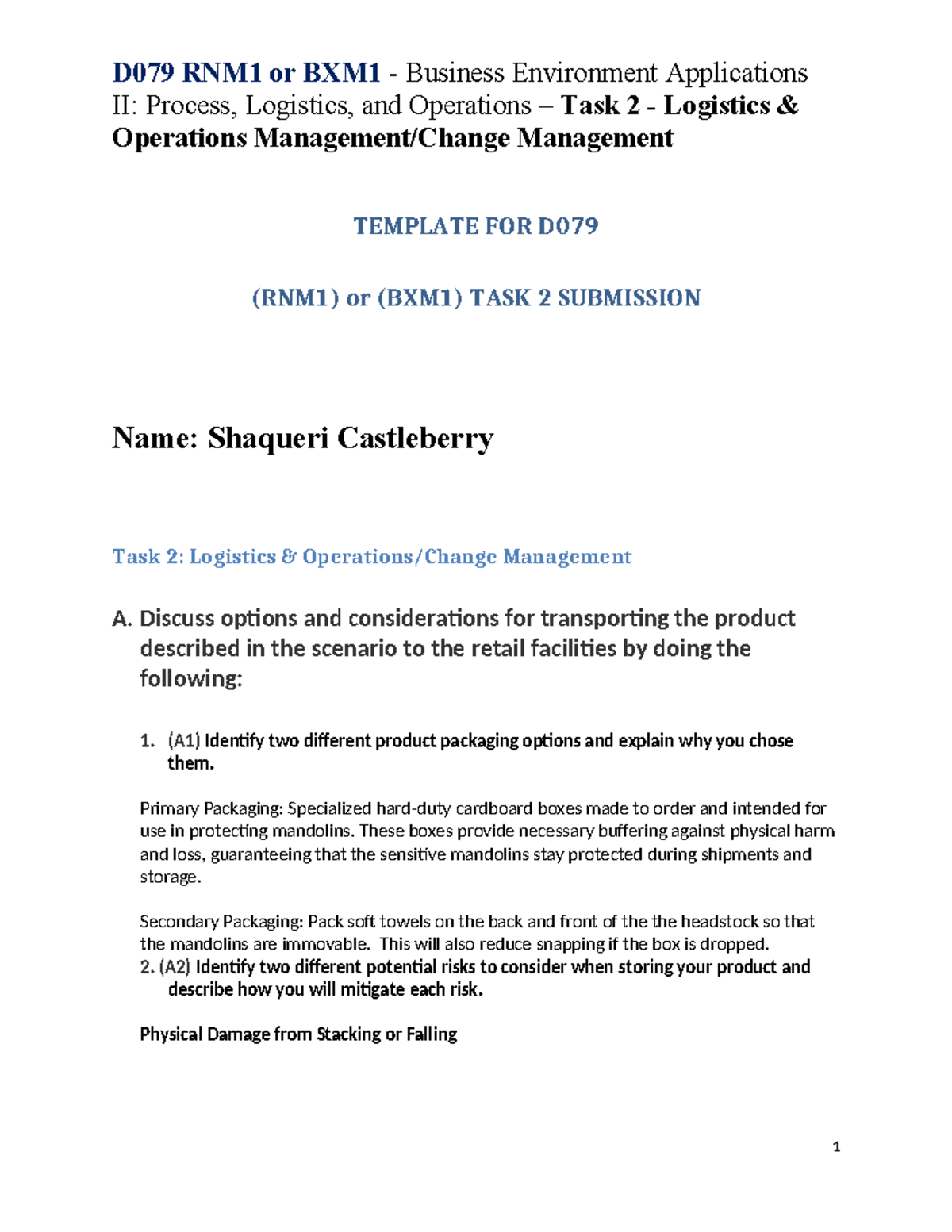 Logistics Task2 - D079 RNM1 or BXM1 - Business Environment Applications ...