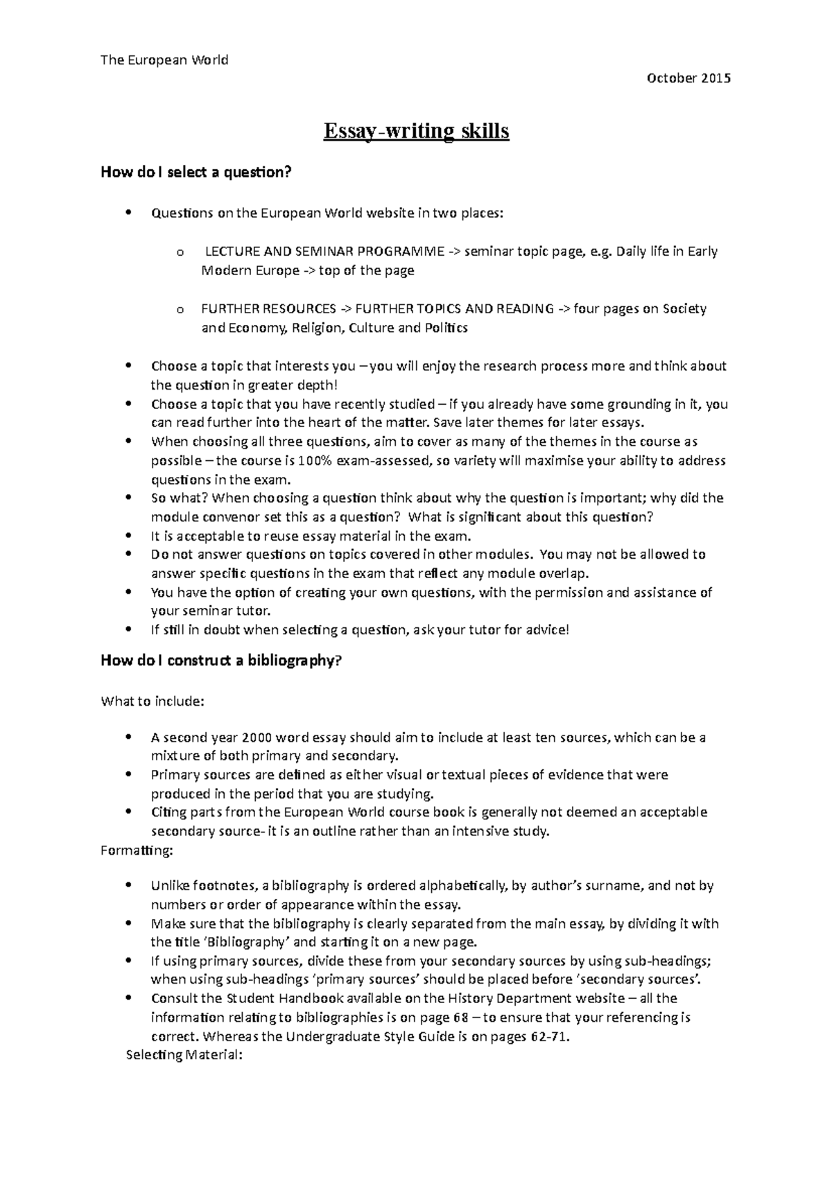 Lecture notes, lecture 'Essay-writing skills' - The European World ...