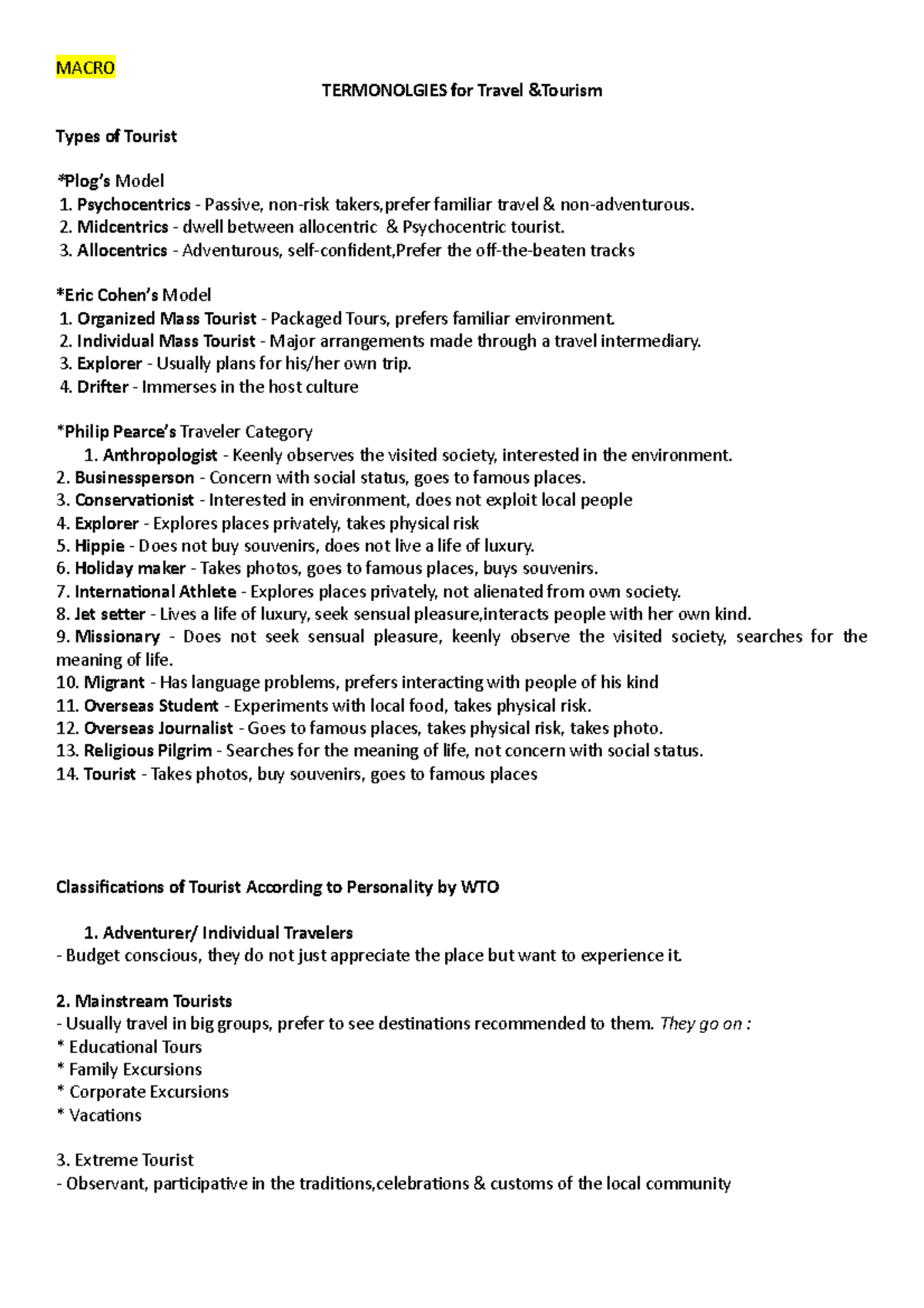 Macro Pina - none - MACRO TERMONOLGIES for Travel &Tourism Types of ...
