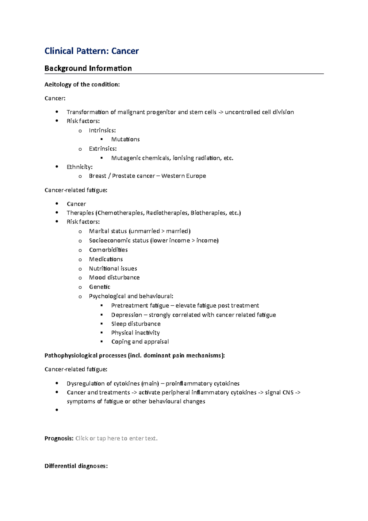 Clinical Pattern Template - Cancer - Clinical Pattern: Cancer ...