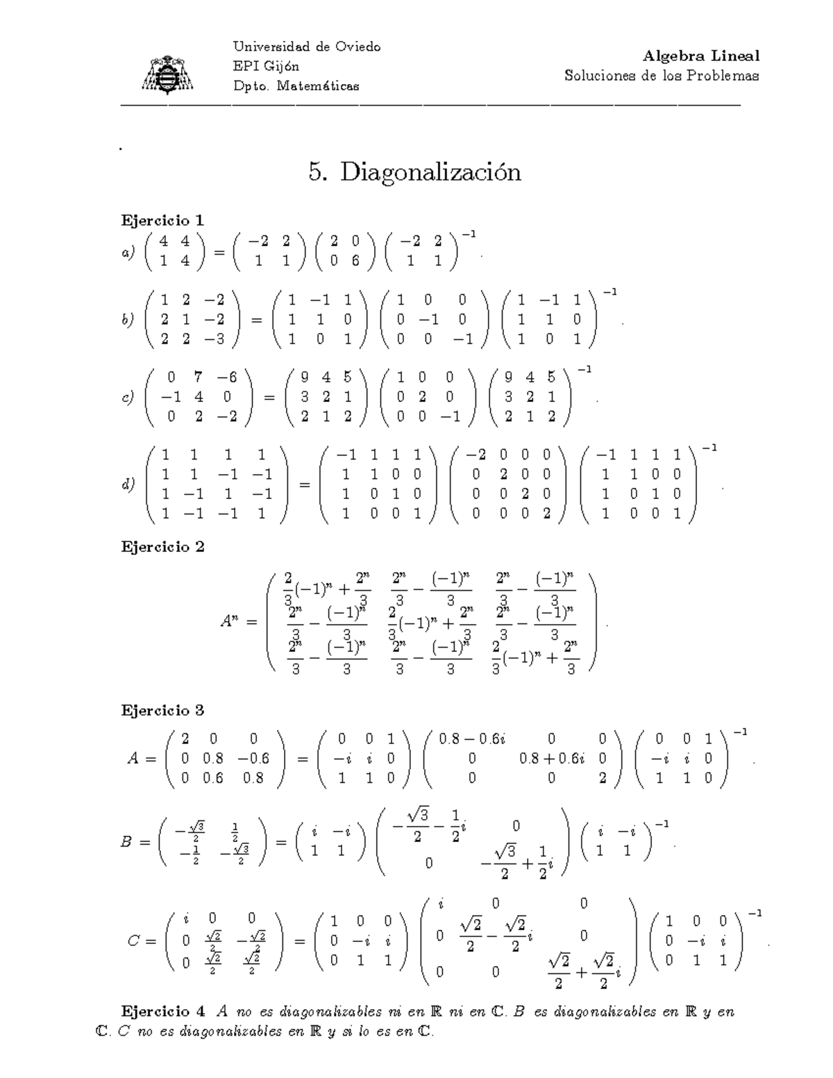 Soluciones Ejercicios Diagonalizacion - Universidad de Oviedo EPI GijÛn ...