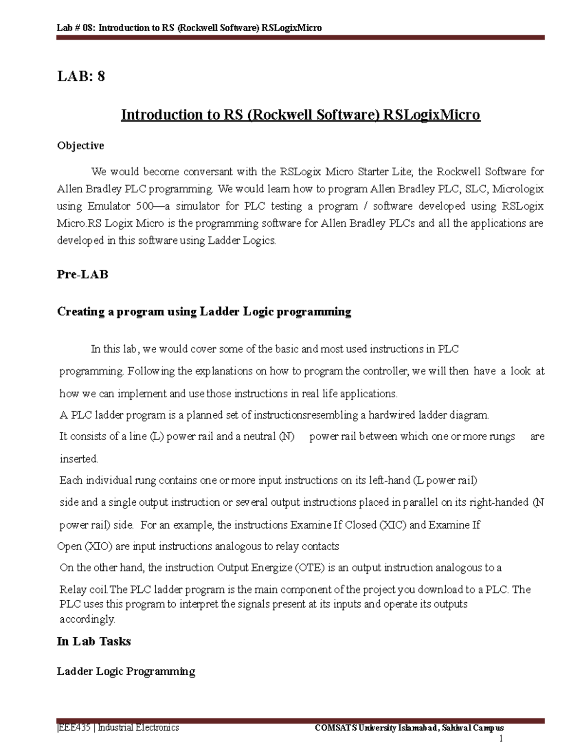 Lab8 EEE435 IE B4 - industrial electronics - LAB: 8 Introduction to RS (Rockwell Software) - Studocu
