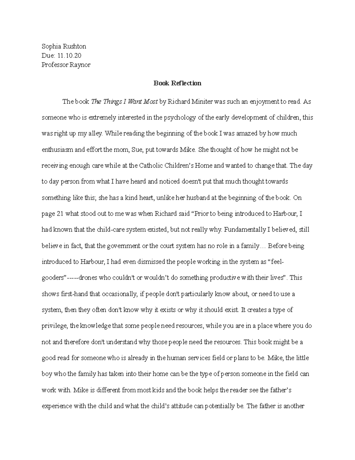 Initial Book Reflections - Sophia Rushton Due: 11. Professor Raynor ...