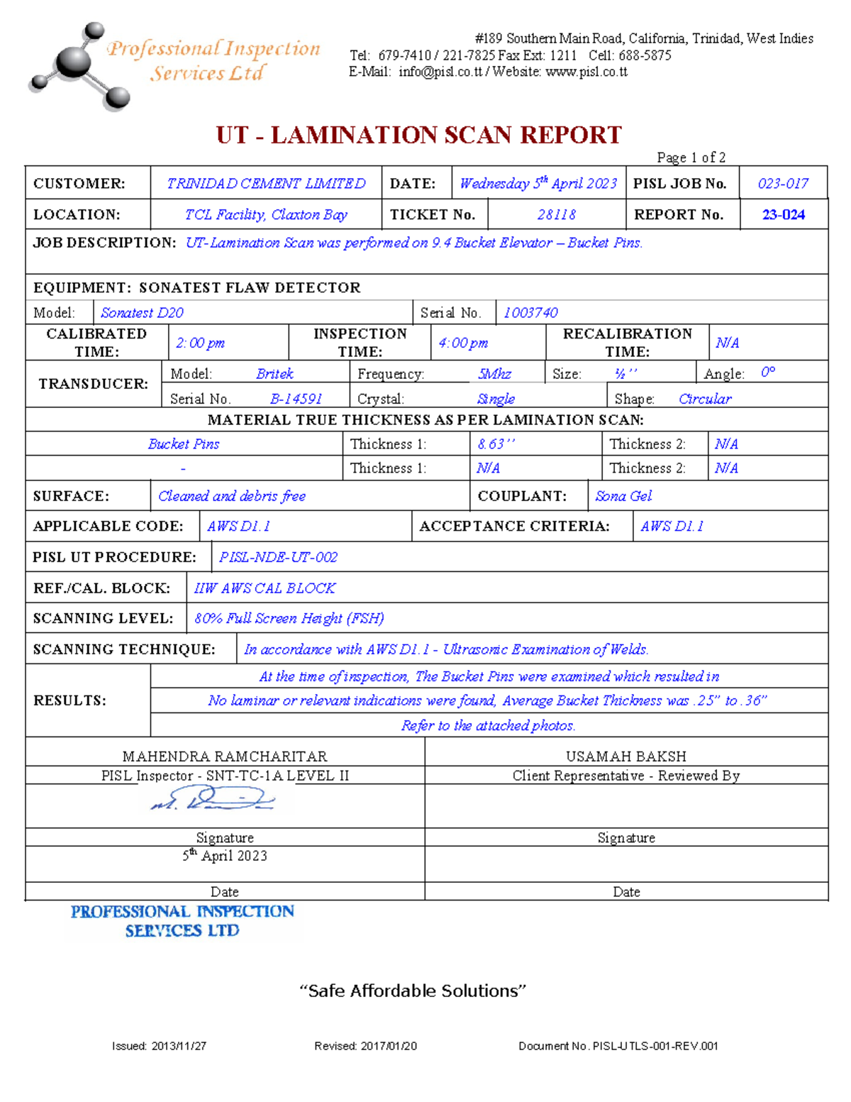 TCL UT Lamination Report #23-024 9.4 Bucket Elevator Pins - #189 ...