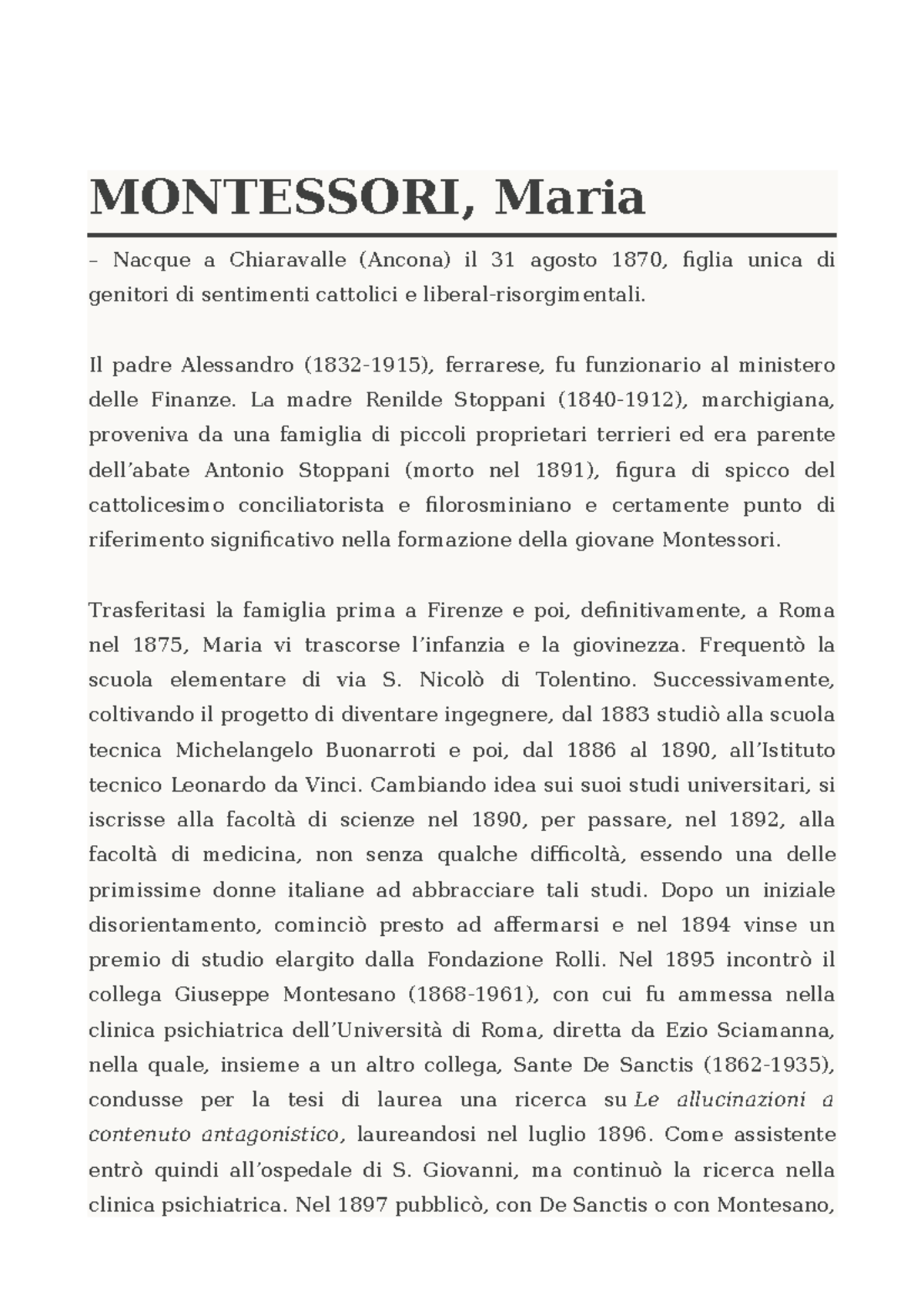 Montessori - Biografia utile per orale SDEUnicatt - MONTESSORI, Maria ...