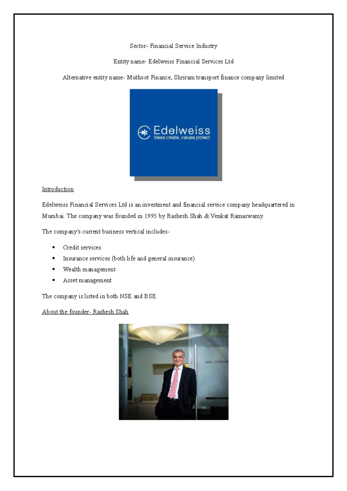 Edelweiss Financial Services Ltd - Sector- Financial Service Industry ...