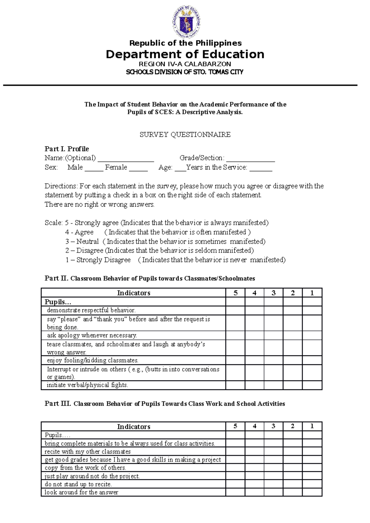 Research- Questionnare - Republic of the Philippines Department of ...