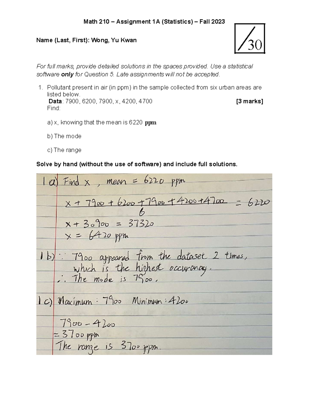 Math 210 - Assignment 1A - Statistics Yu Kwan Wong - 30 Name (Last ...
