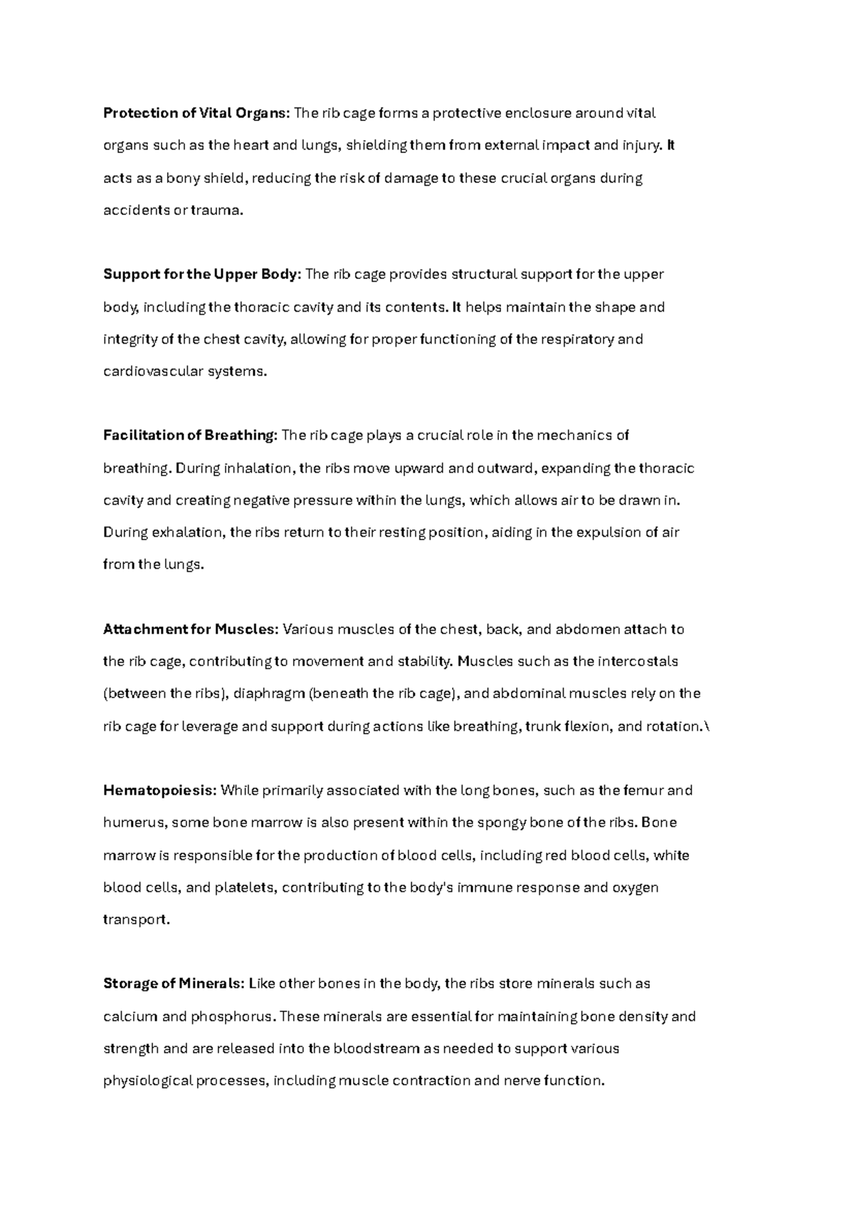 Notes - Protection of Vital Organs: The rib cage forms a protective ...