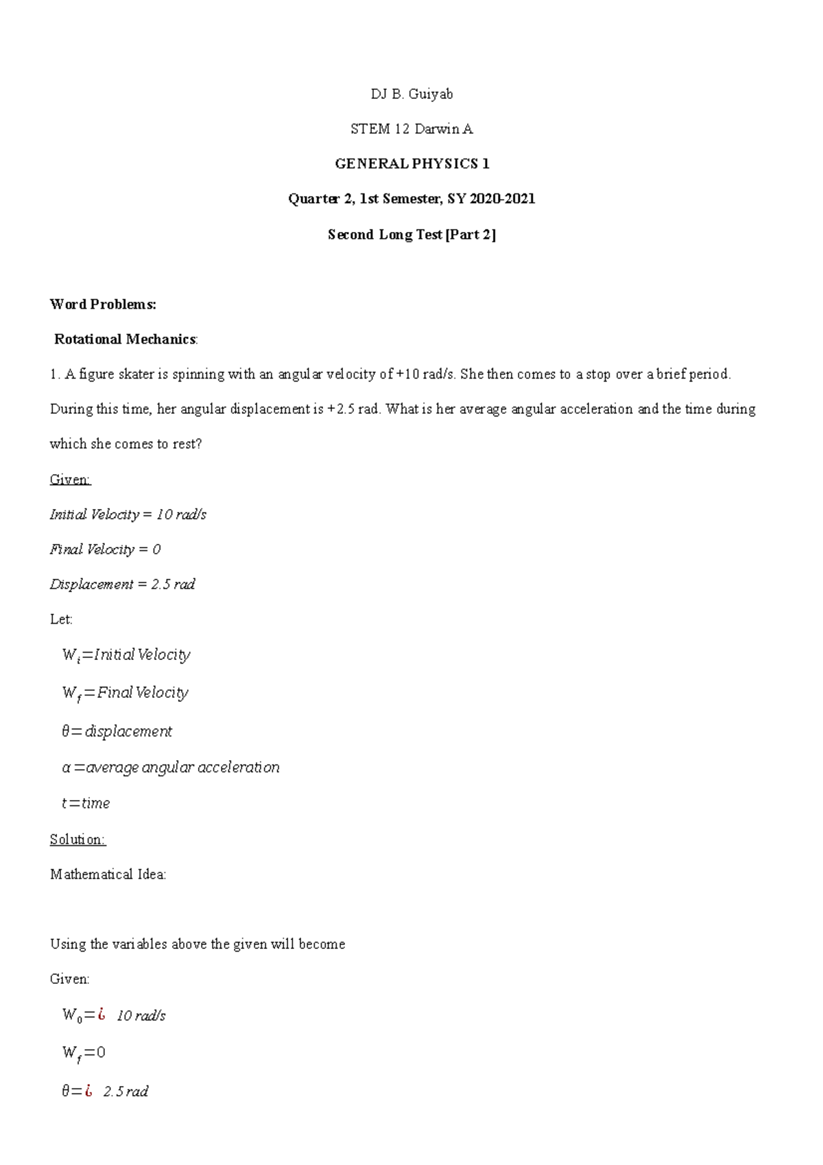 Motion Test - DJ B. Guiyab STEM 12 Darwin A GENERAL PHYSICS 1 Quarter 2 ...