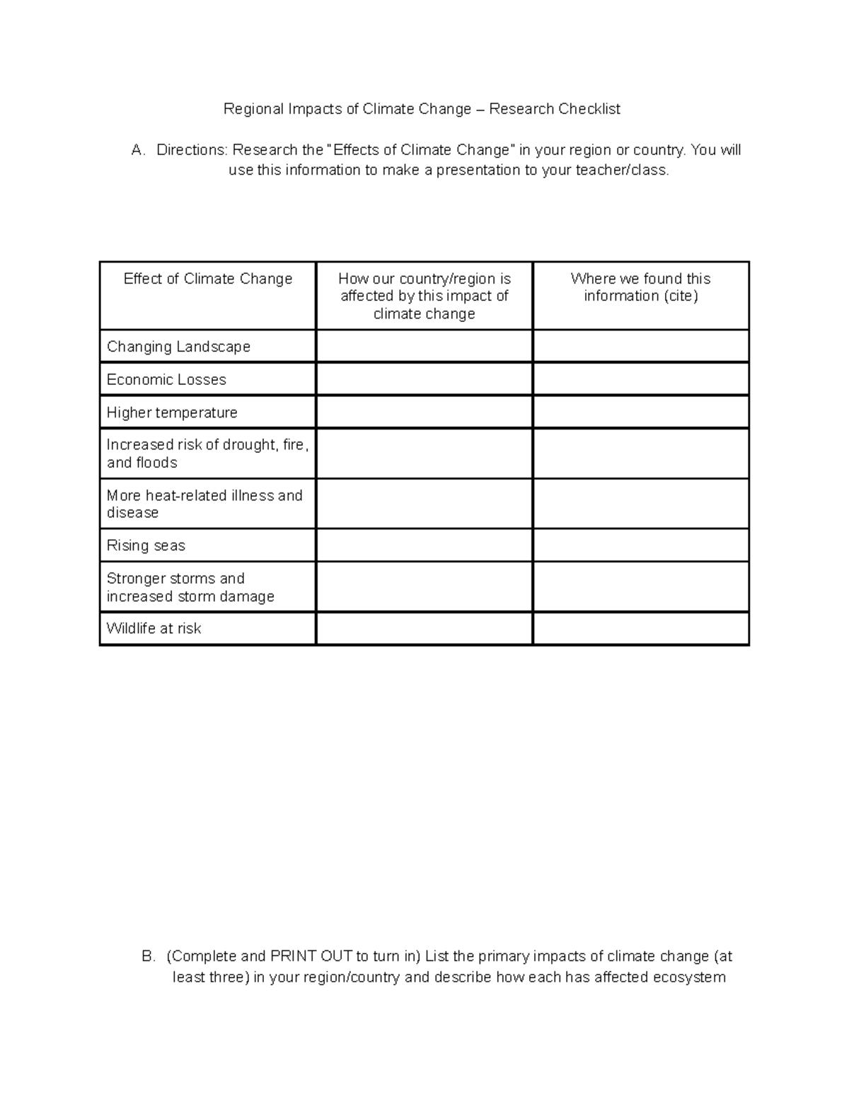 Regional Impacts of Climate Change – Research Checklist - Directions ...