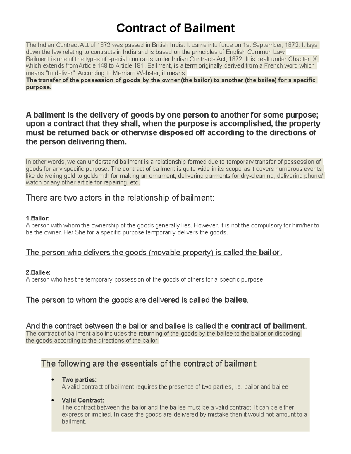 Contract of Bailment - www - Contract of Bailment The Indian Contract ...