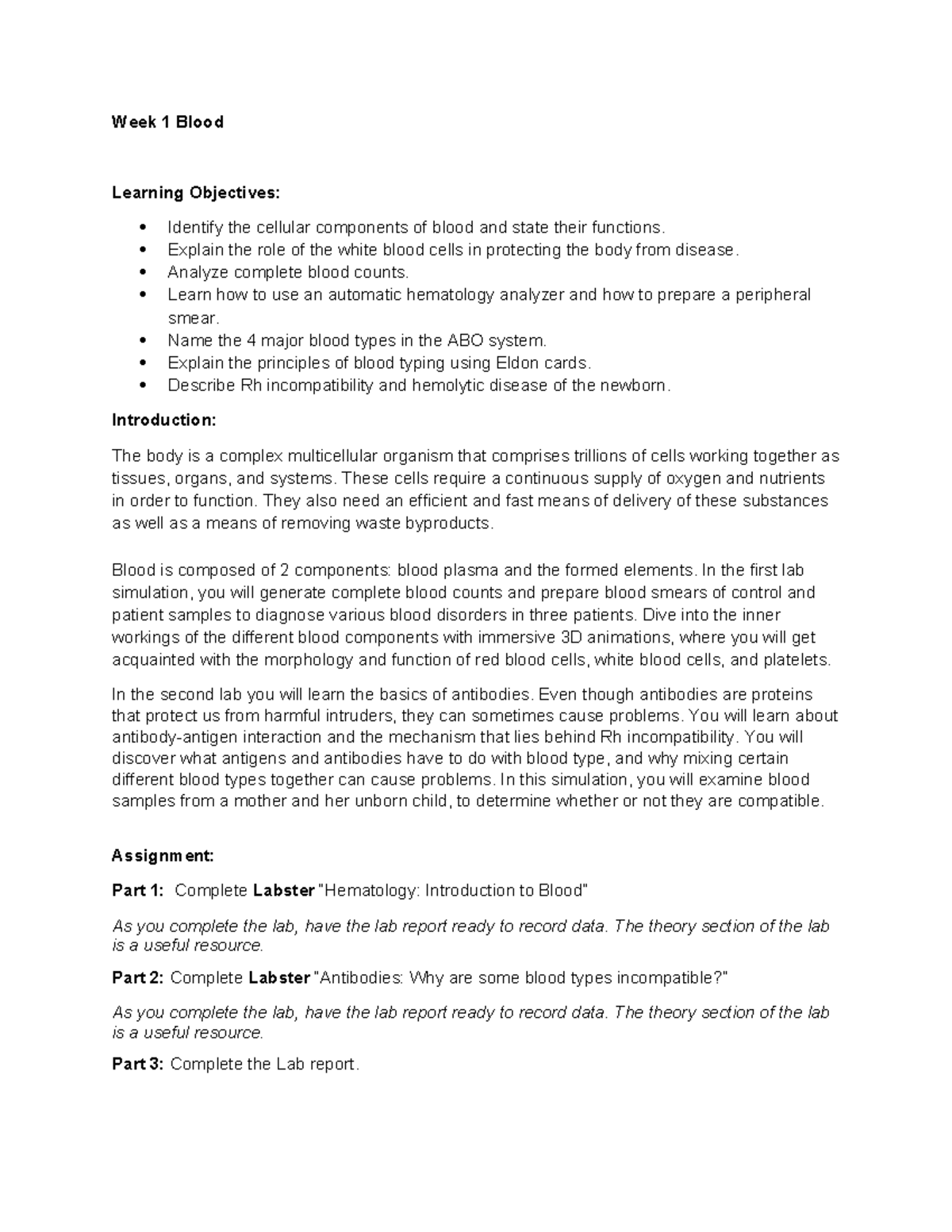 BIOS 255 Week 1 Blood lab report - Week 1 Blood Learning Objectives ...