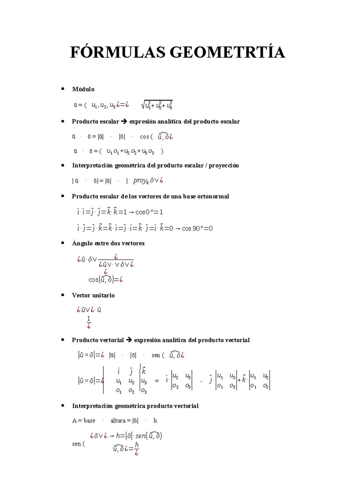 Fórmulas Geometría matemáticas 2 - Matemáticas - UPV - Studocu