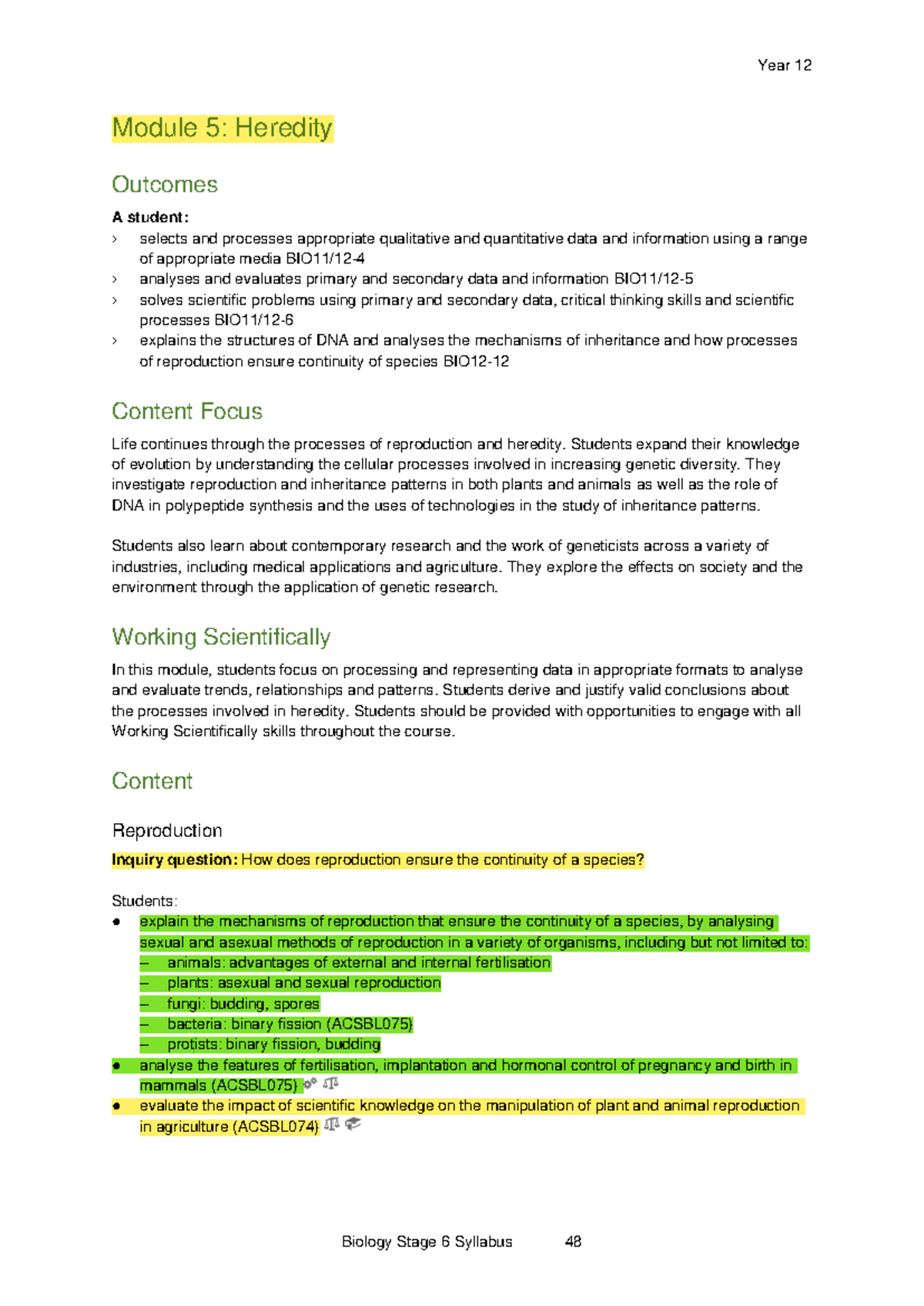 Biology Module 5 Syllabus - Year 12 Biology Stage 6 Syllabus 48 Module ...