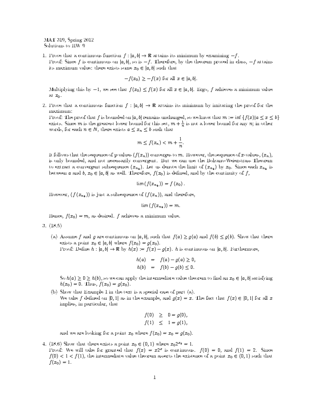 Hw9-sol - mathematics - MAT 319, Spring 2012 Solutions to HW 9 Prove that a continuous function ...