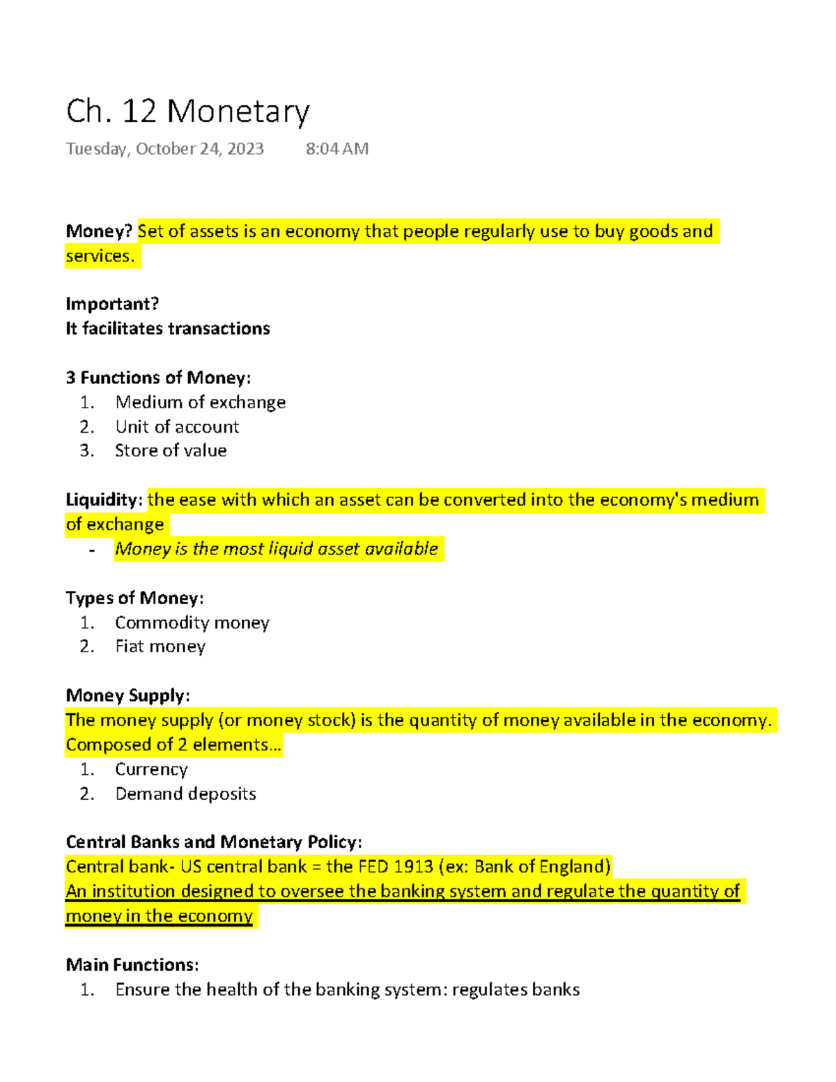 ECON1104-CH.12 Monetary - Money? Set of assets is an economy that ...