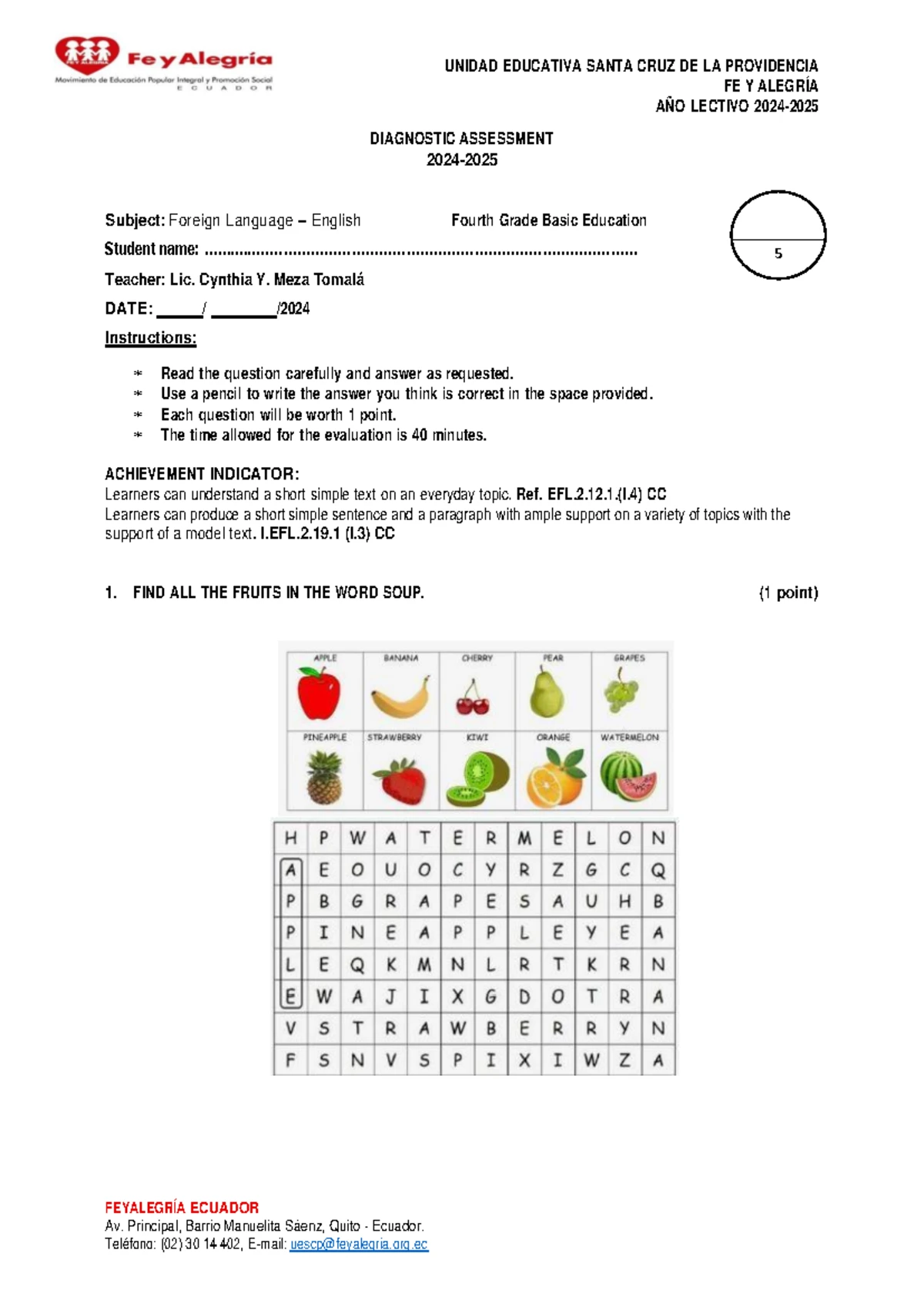 Diagnostic Assessment 3RD Grade 2024 2025 - UNIDAD EDUCATIVA SANTA CRUZ ...