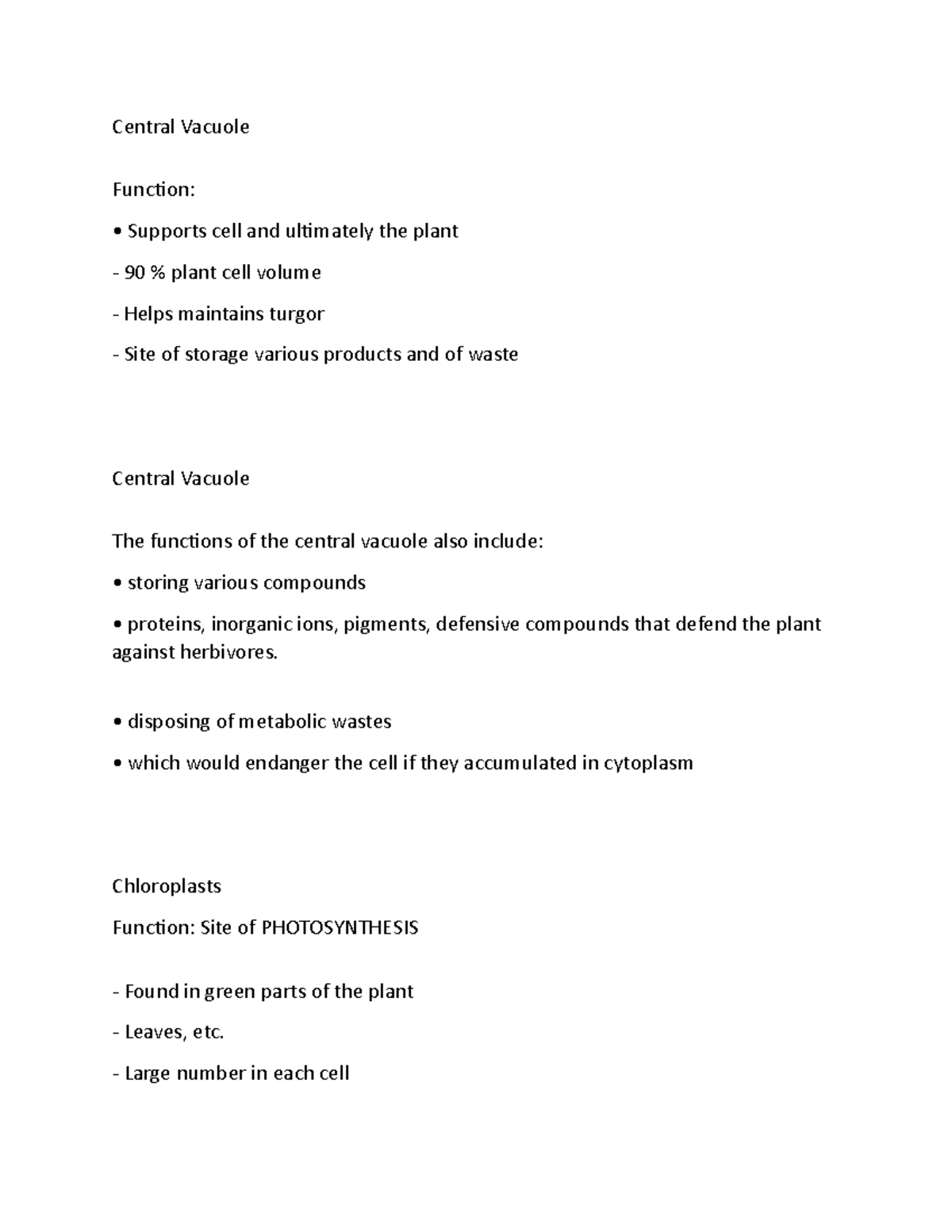 27 - Central Vacuole - Central Vacuole Function: Supports cell and ...