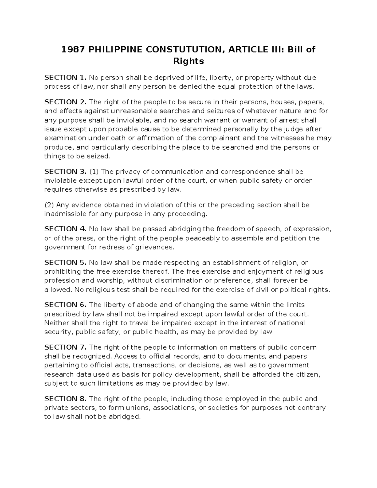 BILL - HYFU6EU7JUM - 1987 PHILIPPINE CONSTUTUTION, ARTICLE III: Bill of ...