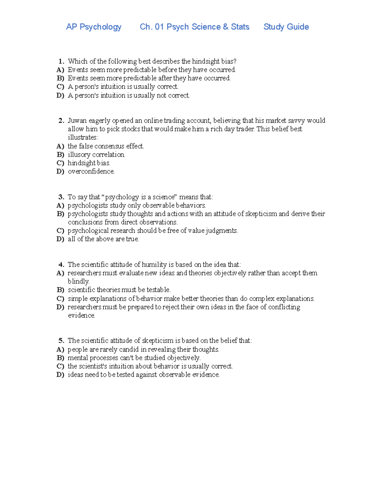 Ch01 Psych Science and Stats - AP Psychology Ch. 01 Psych Science ...
