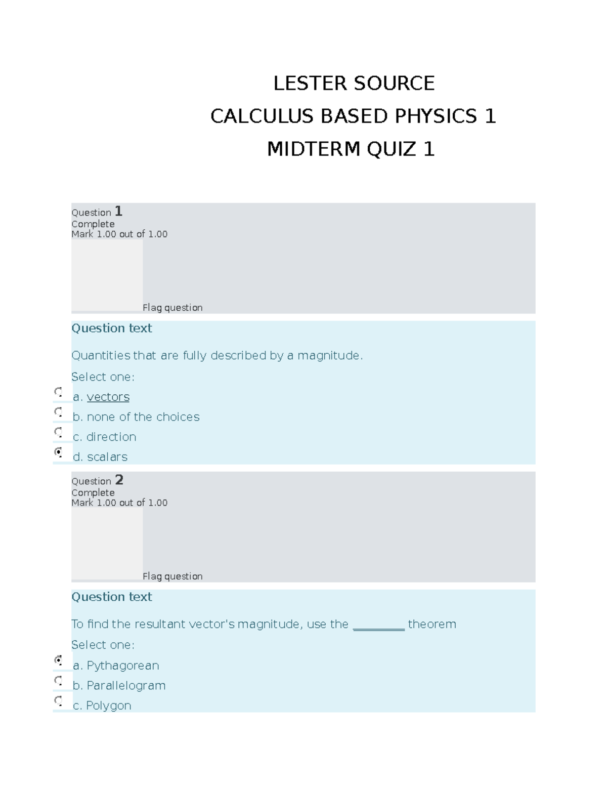 Calculus Based Physics 1 MQ1 - LESTER SOURCE CALCULUS BASED PHYSICS 1 ...