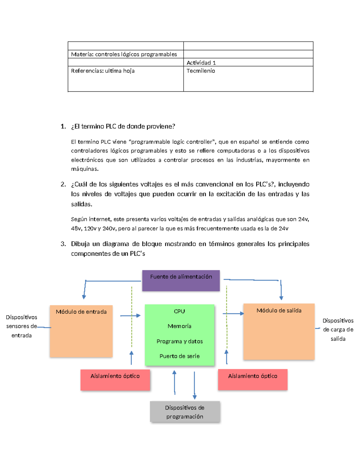 Tarea 1 controles logicos programables - Materia: controles lógicos ...