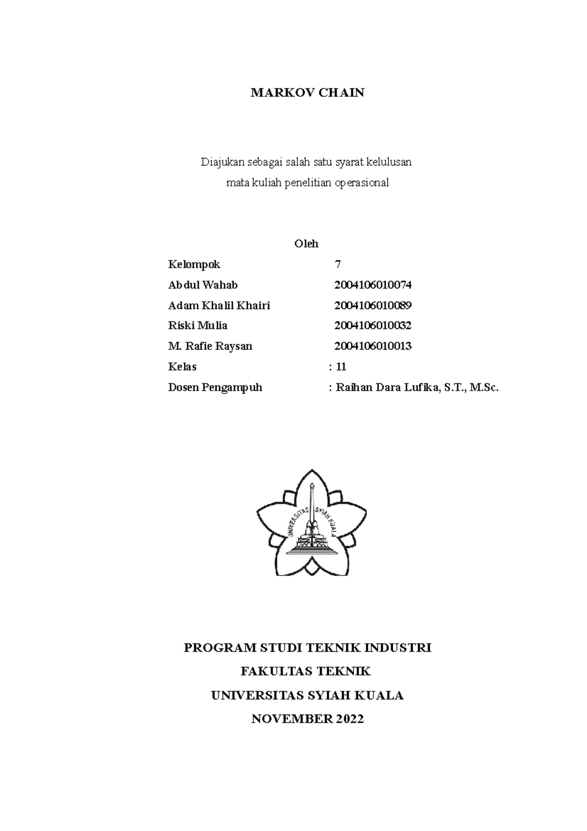 Tugas Markov Chain - MARKOV CHAIN Diajukan sebagai salah satu syarat ...