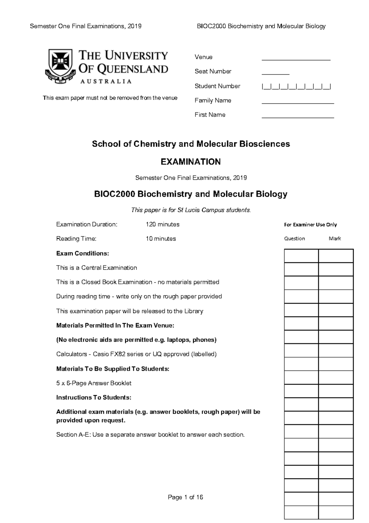 2019 pp - 2019 UQ past paper for practice - This exam paper must not be ...