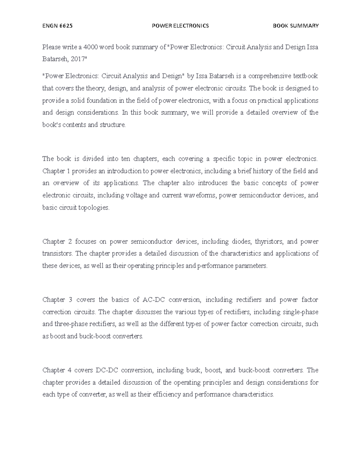 Please write book summary of Power Electronics Circuit Analysis and ...