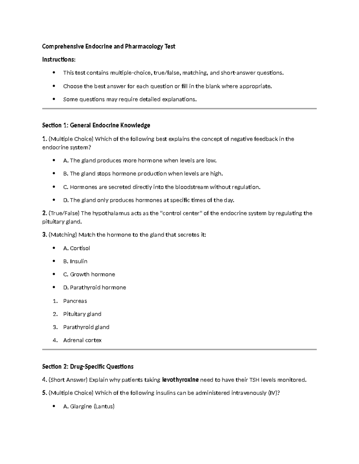 Comprehensive Endocrine and Pharmacology Test (exam 3 study ...