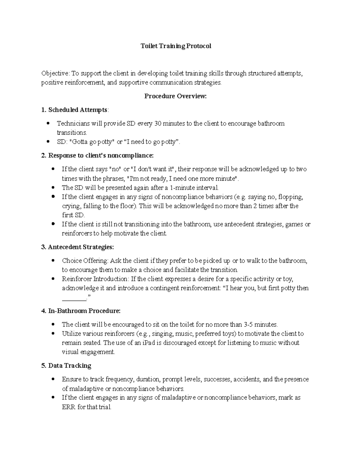 Toilet Training Protocol - Toilet Training Protocol Objective: To ...