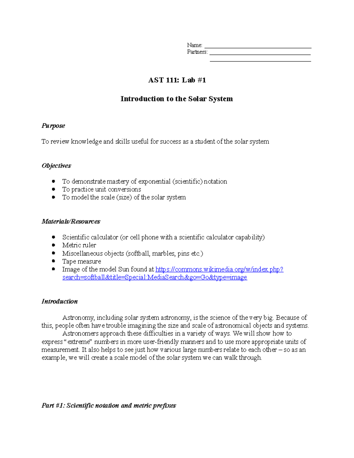 Ast 111 lab 01 - introduction to the solar system - Name
