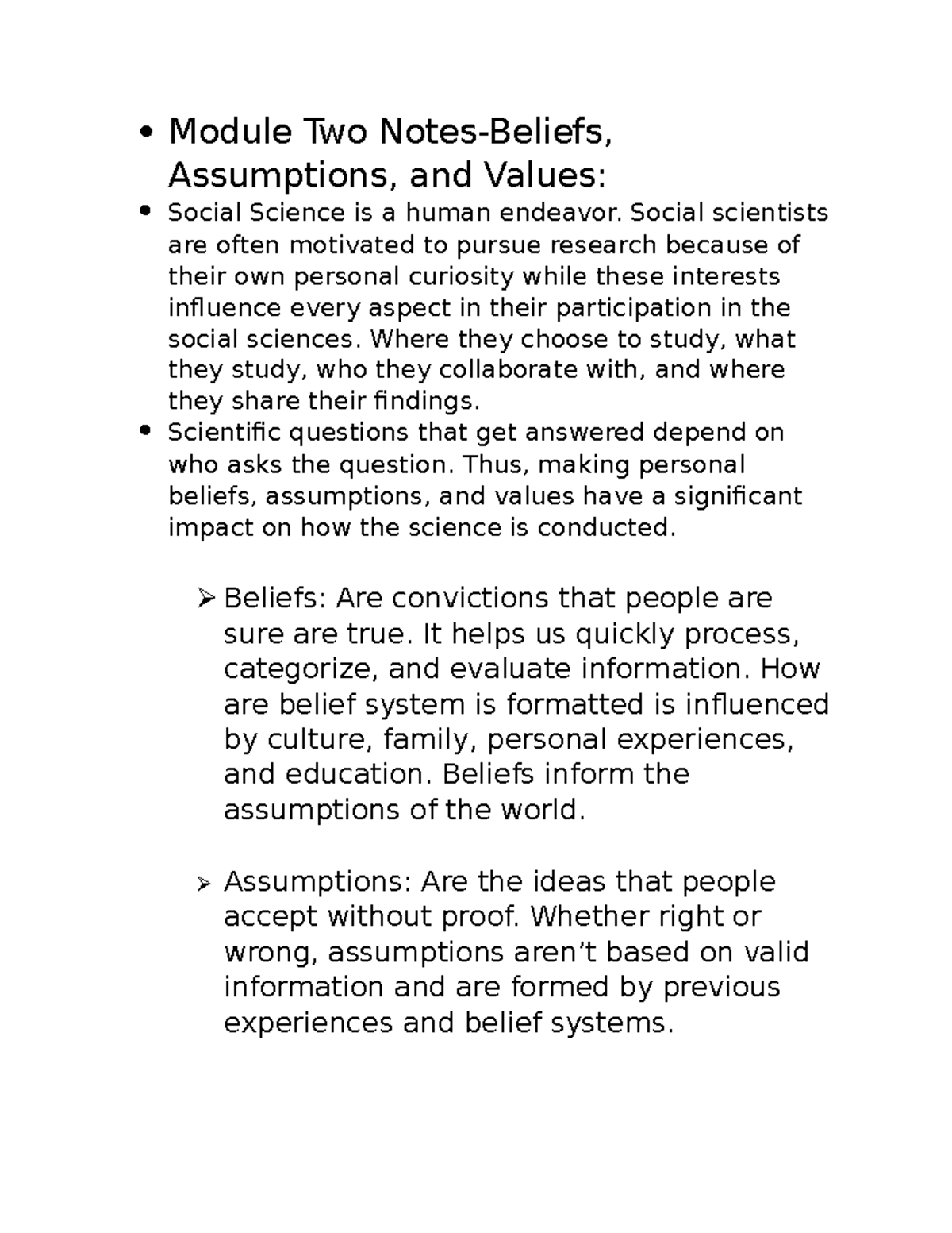 Module 2 Social sciences - Module Two Notes-Beliefs, Assumptions, and ...