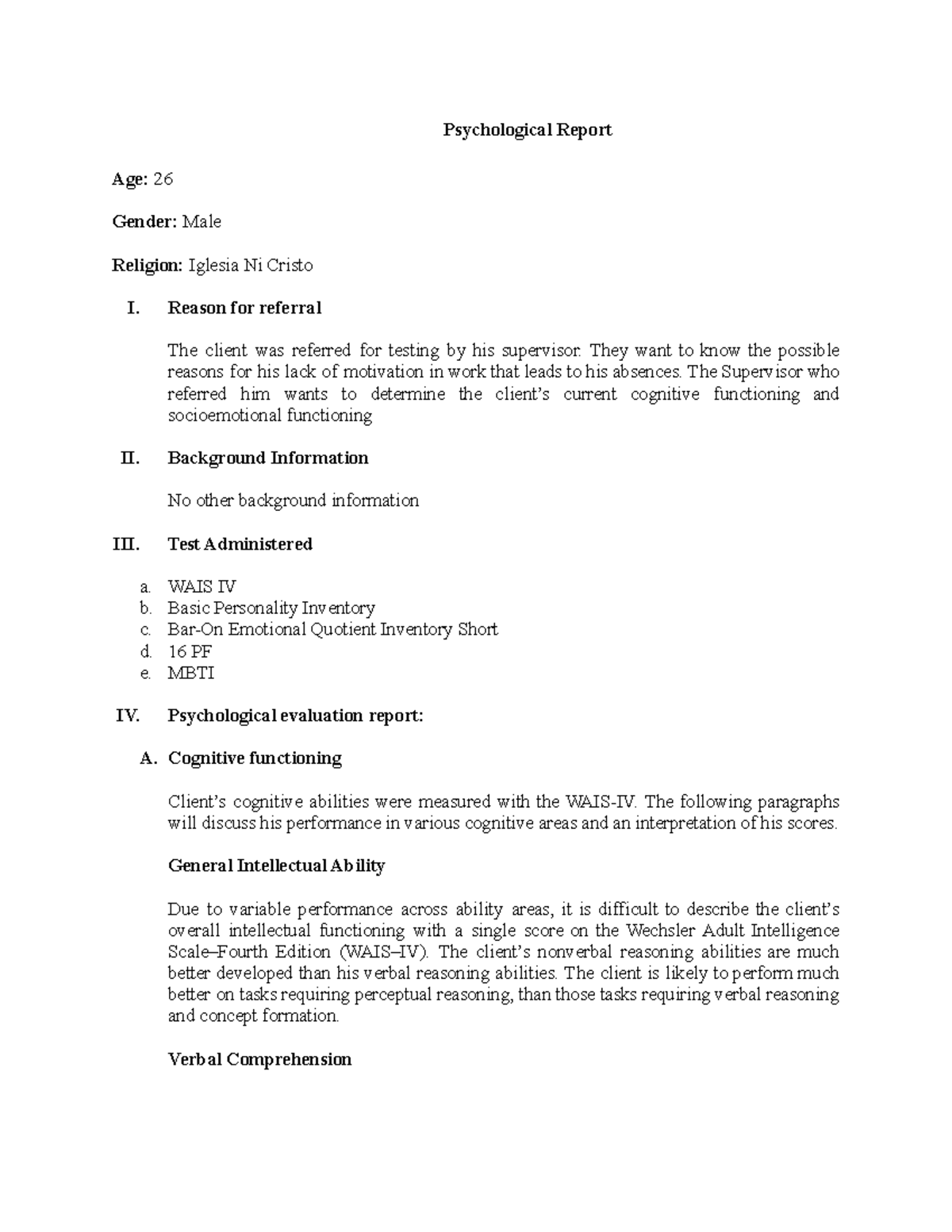 Psych Report - hdisiakaveh - Psychological Report Age: 26 Gender: Male ...