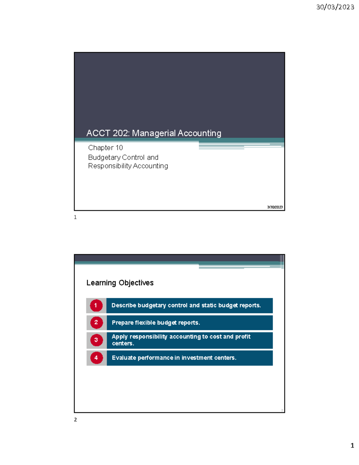 Chapter 10 - SLIDES - ACCT 202: Managerial Accounting Chapter 10 Budgetary Control and - Studocu