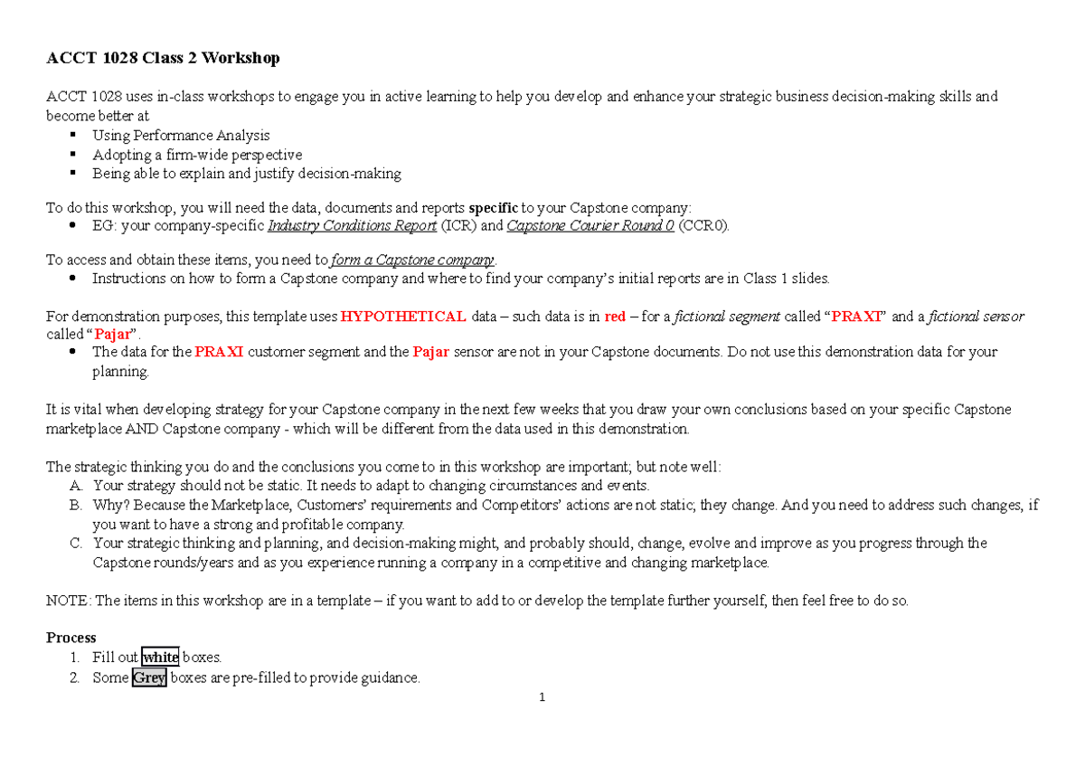 Class 2 Workshop - tutorial work - ACCT 1028 Class 2 Workshop ACCT 1028 ...