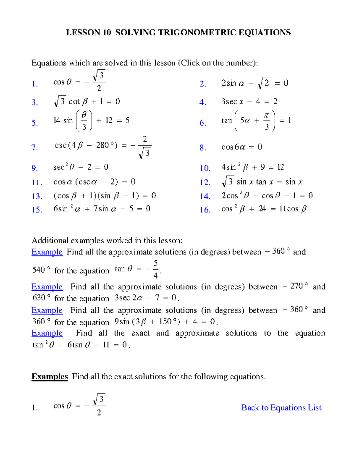 Lesson 10 Notes From Class LESSON 10 SOLVING TRIGONOMETRIC