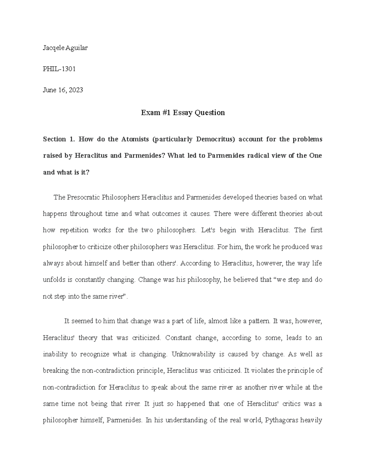 Exam #1 Essay Questions - Jacqele Aguilar PHIL- June 16, 2023 Exam #1 ...