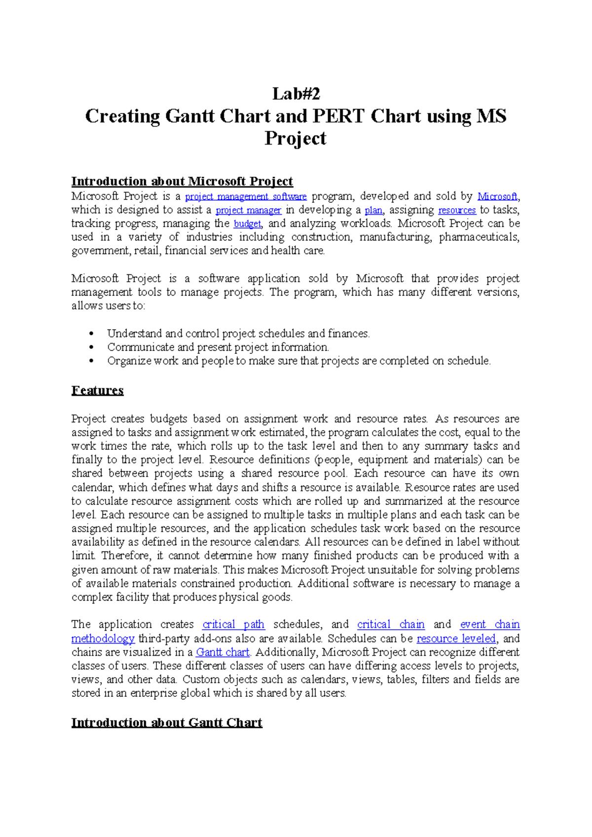 Lab2 - OKAYYYYY - Lab# Creating Gantt Chart and PERT Chart using MS Project Introduction about ...