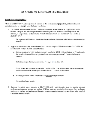 Lab2 Sampling KEY - Answer key - Lab Activity #2: Sampling (KEY) STAT ...