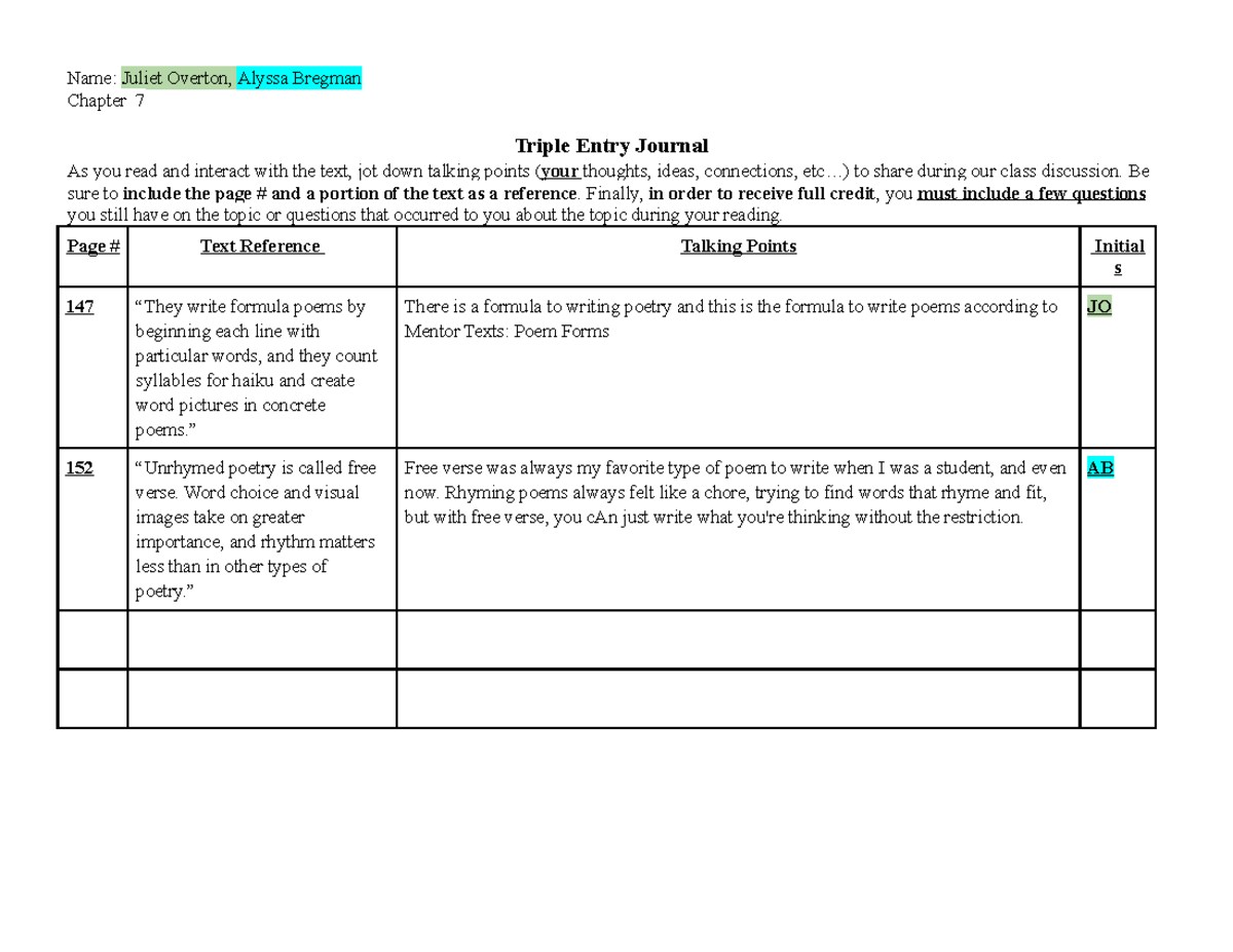 Triple journal entry chapter 7 - Name: Juliet Overton, Alyssa Bregman ...