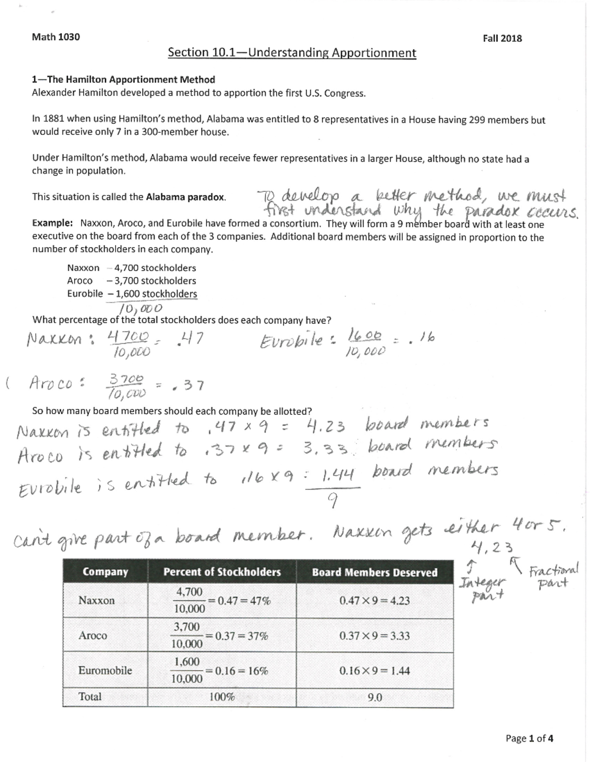 10.1 Notes Math 1030 - Math 1030 Section 10—Understanding Apportionment ...