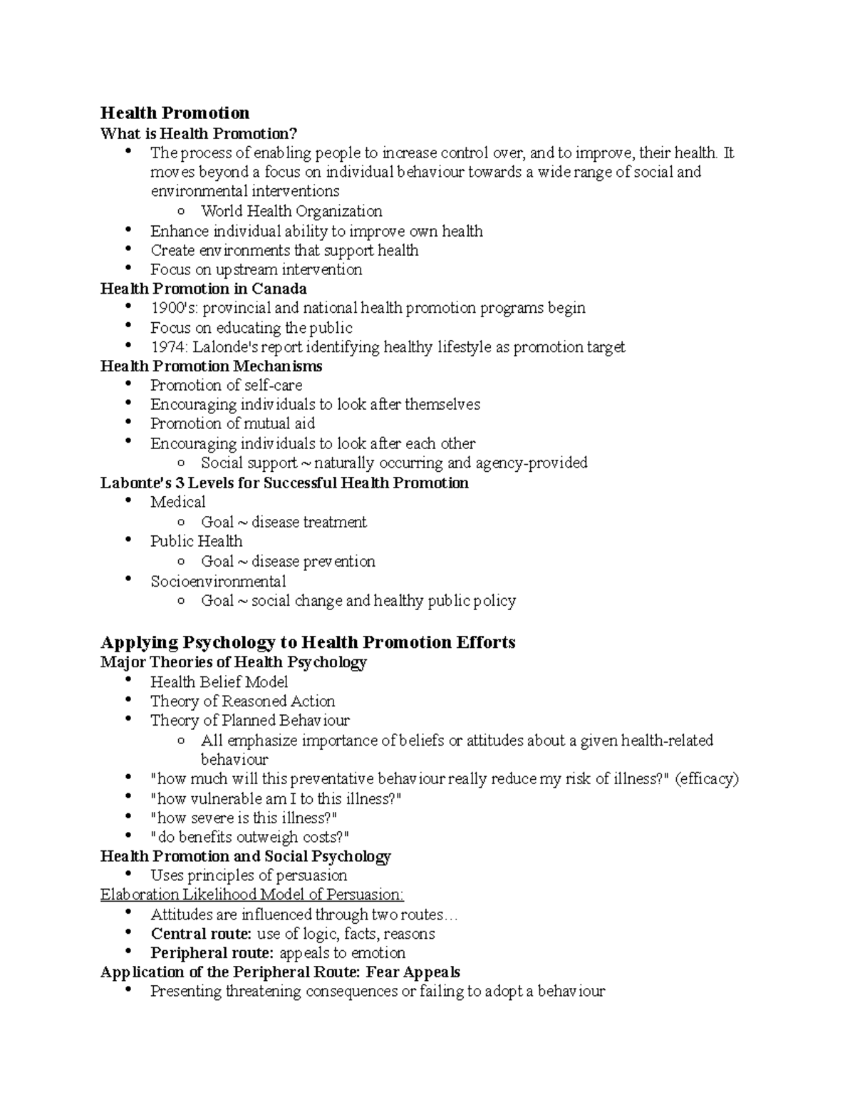 2330 Week 10 Lecture Notes - Health Promotion What is Health Promotion ...