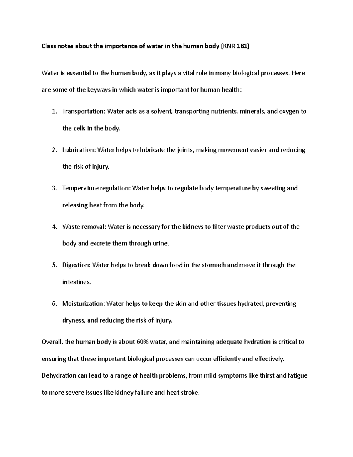 Class notes about the importance of water in the human body - Here are ...