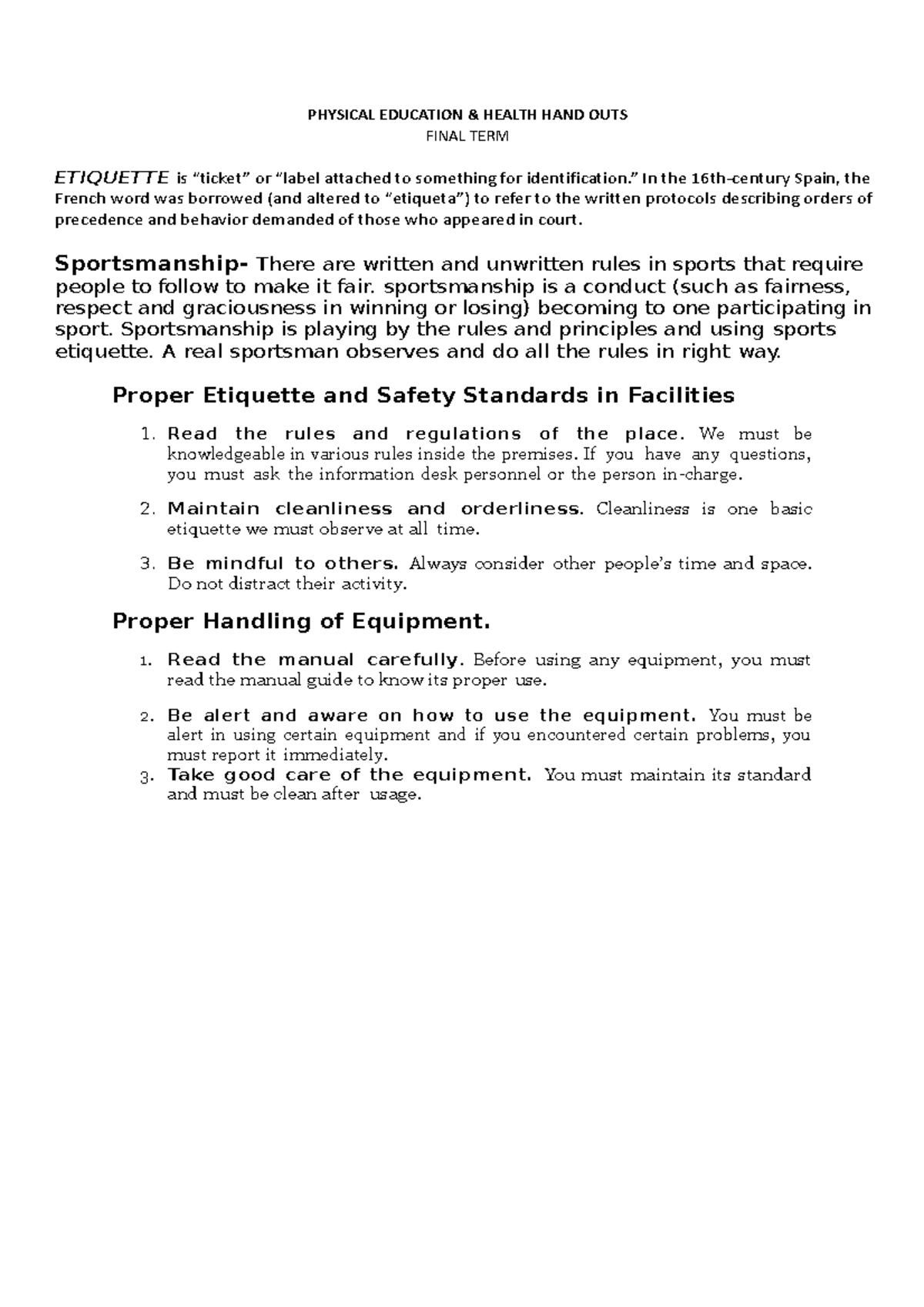 Handouts- Physical- Education - PHYSICAL EDUCATION & HEALTH HAND OUTS ...