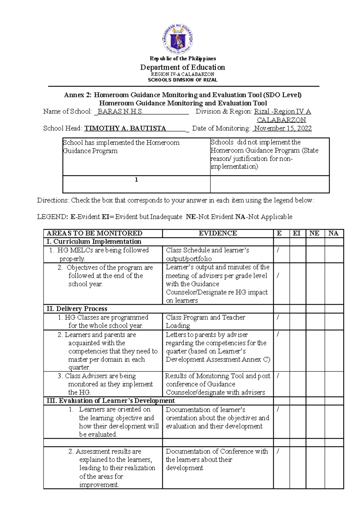 HGP Monitoring Tool for Baras NHS - Republic of the Philippines ...