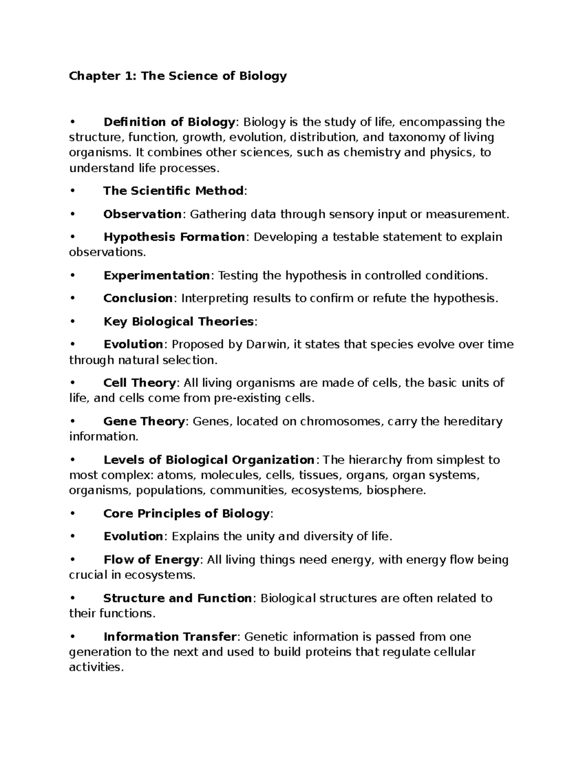 Bio summary - done by me - Chapter 1: The Science of Biology Definition ...