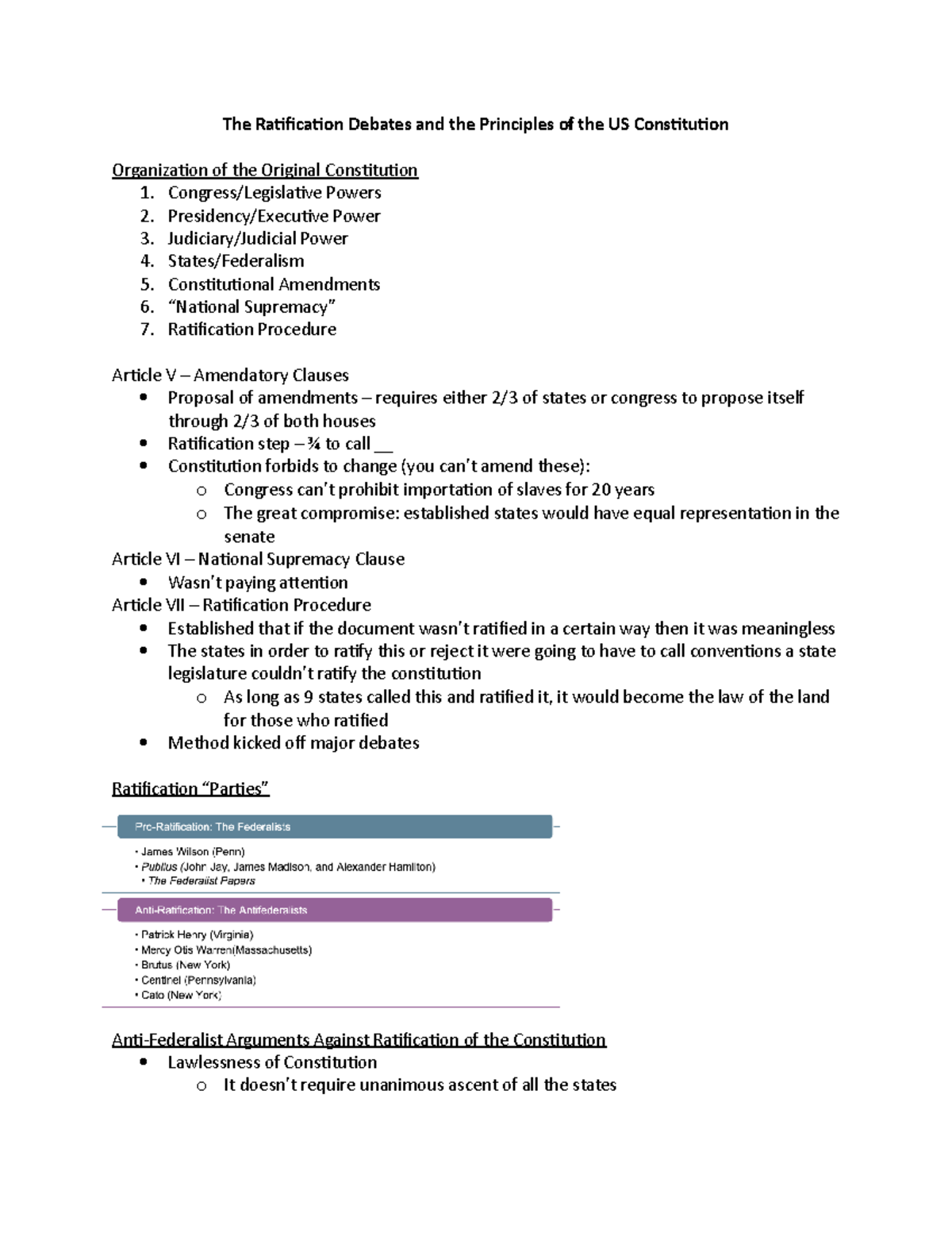 Lecture 7 Class notes - The Ratification Debates and the Principles of ...